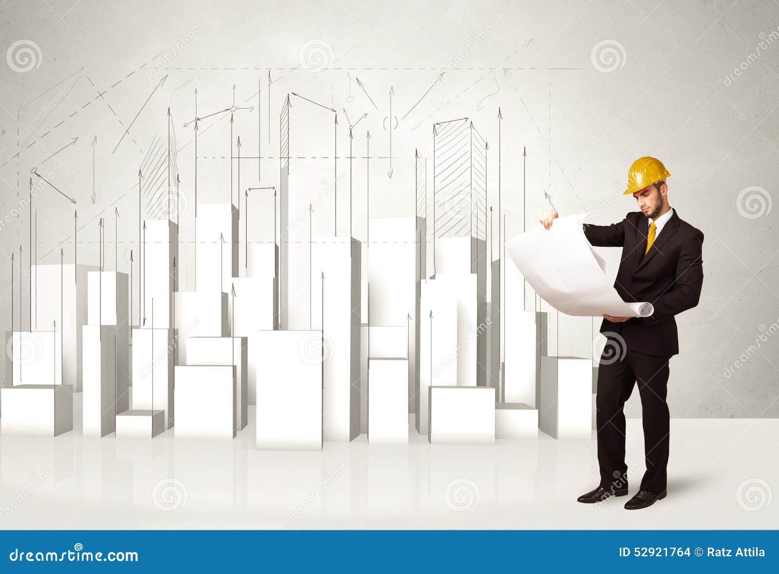 Construction Worker Planing with 3d Buildings in Background Stock Photo ...