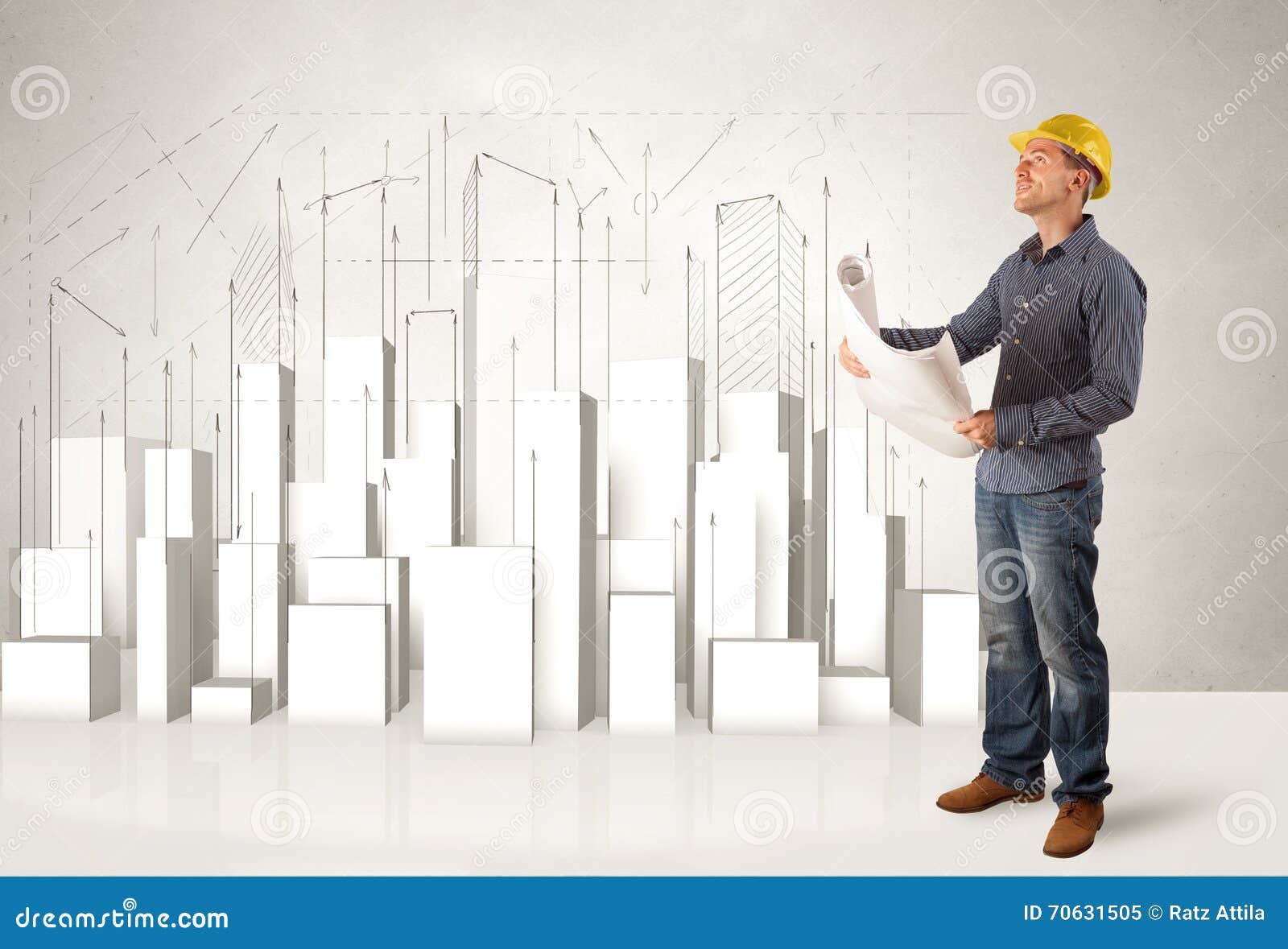 Construction Worker Planing with 3d Buildings in Background Stock Image ...