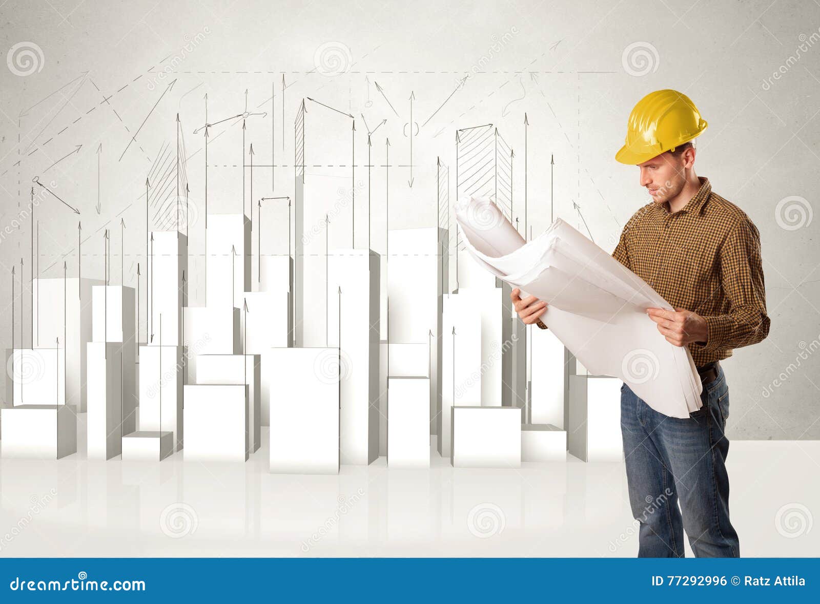 Construction Worker Planing with 3d Buildings in Background Stock Photo ...