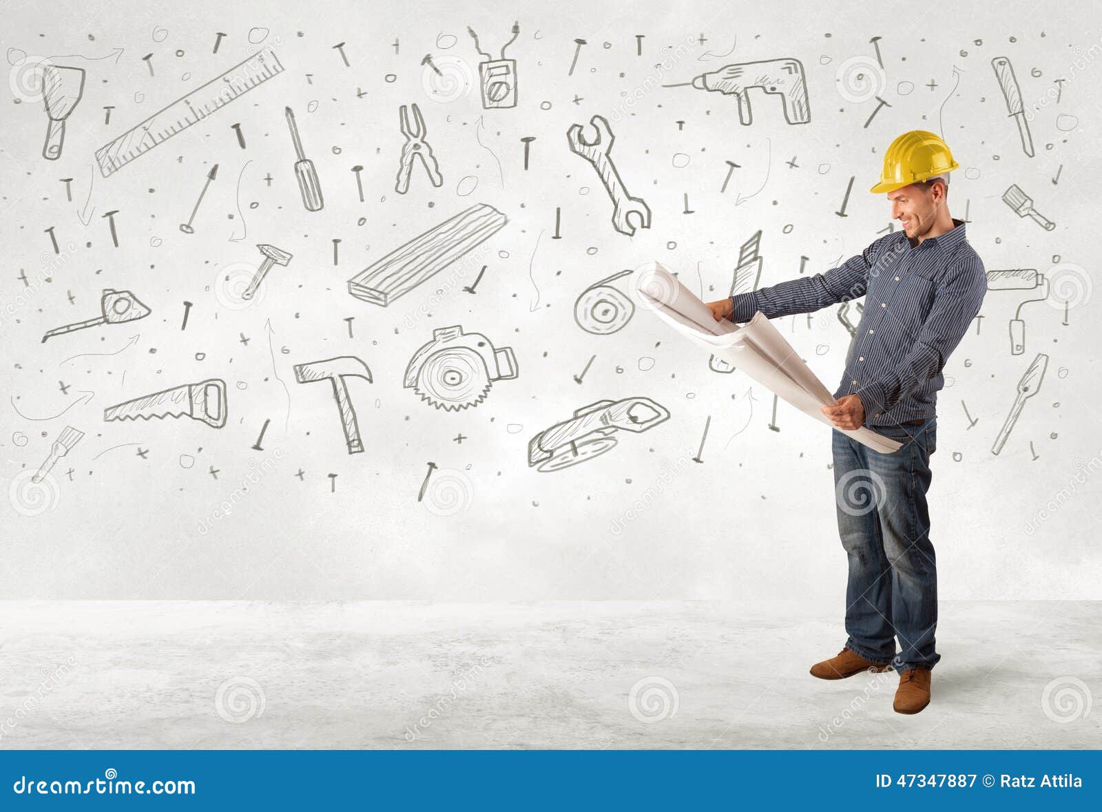 Construction Worker Planing with Hand Drawn Tool Icons Stock Image ...