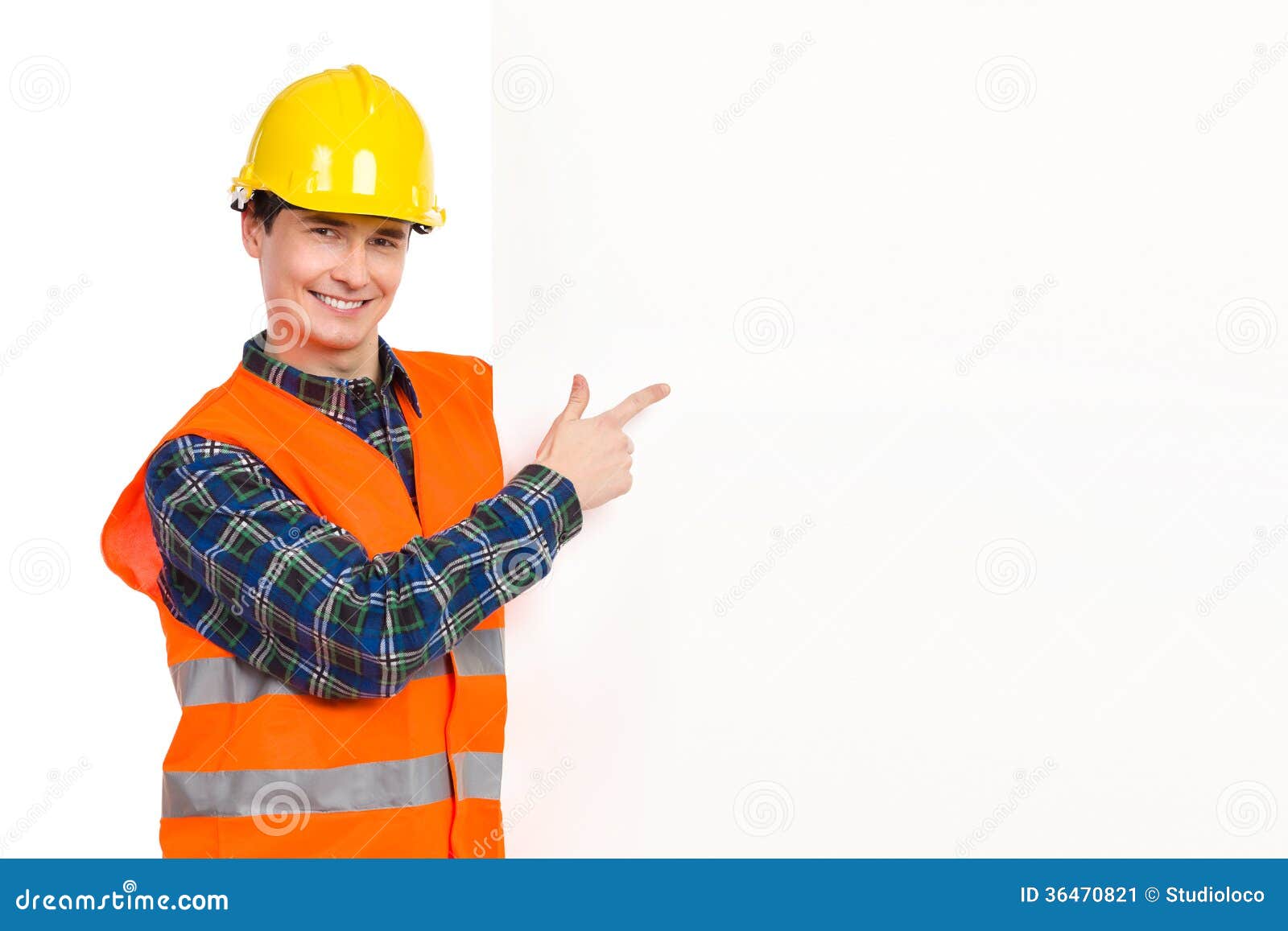 Construction Worker Pointing at Banner. Stock Image - Image of adult ...