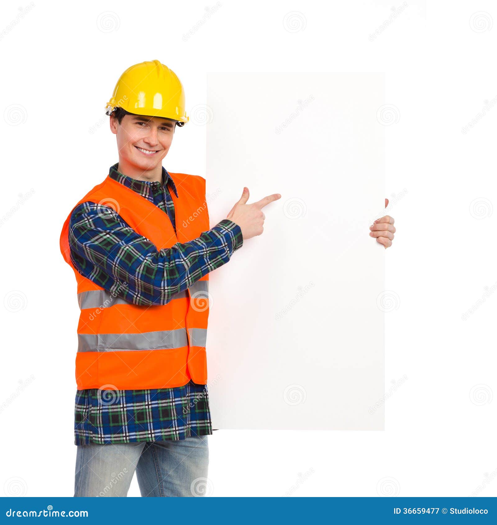 Construction Worker Pointing at Banner. Stock Image - Image of ...