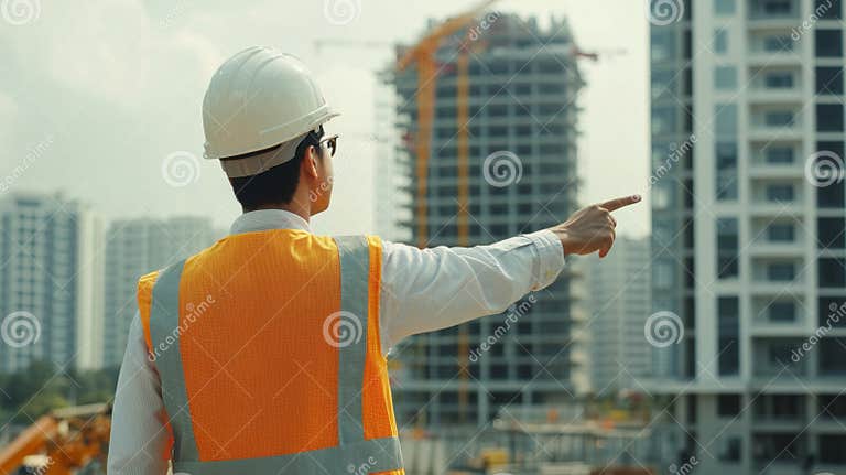 Construction Worker Pointing at Building Project Stock Illustration ...