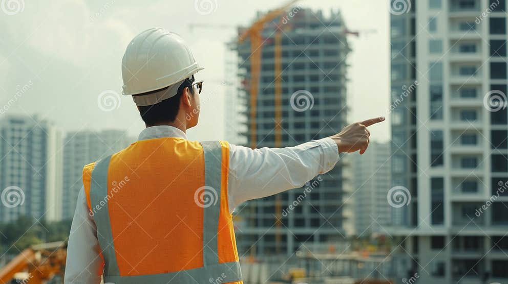 Construction Worker Pointing at Building Project Stock Illustration ...