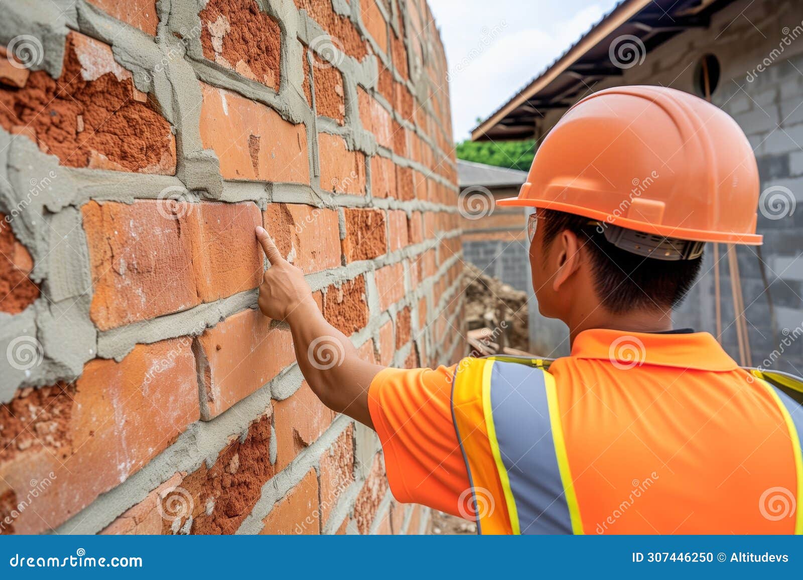 Construction Worker Pointing at a Completed Brick Wall Stock Photo ...
