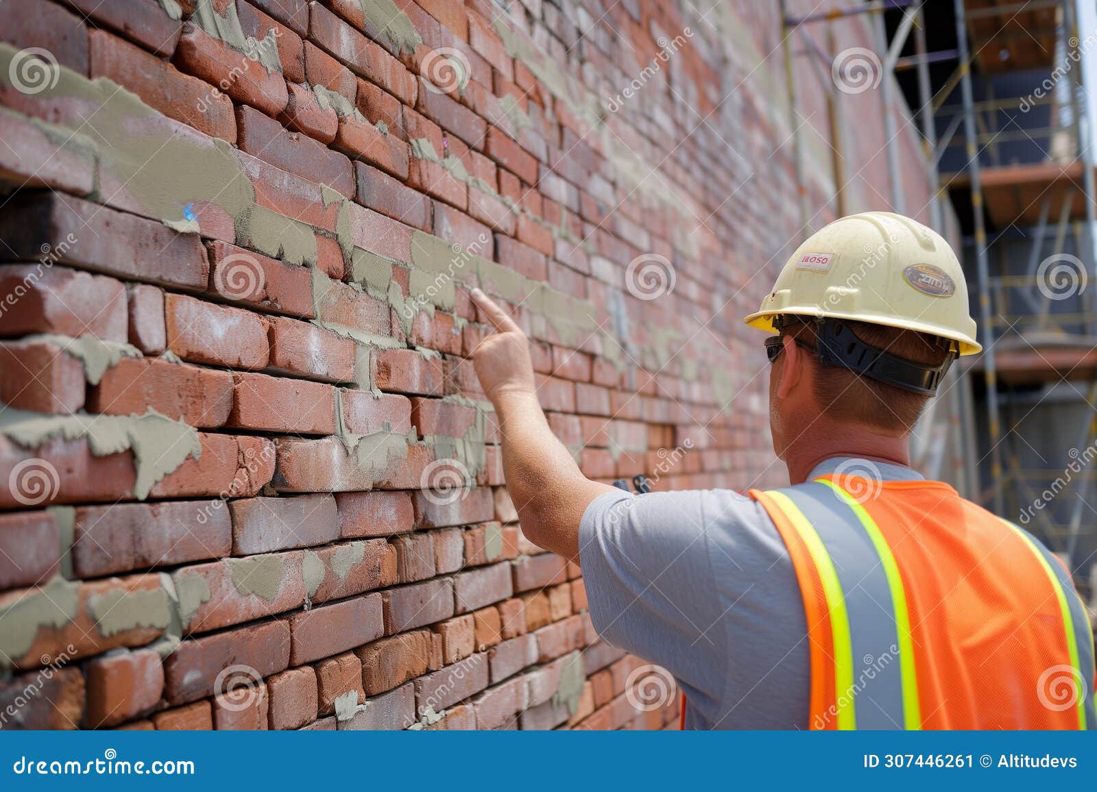 Construction Worker Pointing at a Completed Brick Wall Stock Image ...