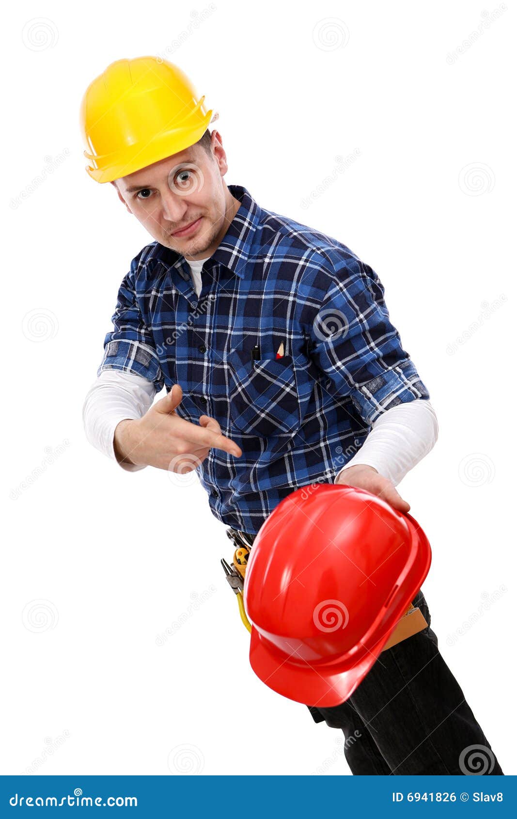Construction Worker Pointing at a Hardhat Stock Photo - Image of ...