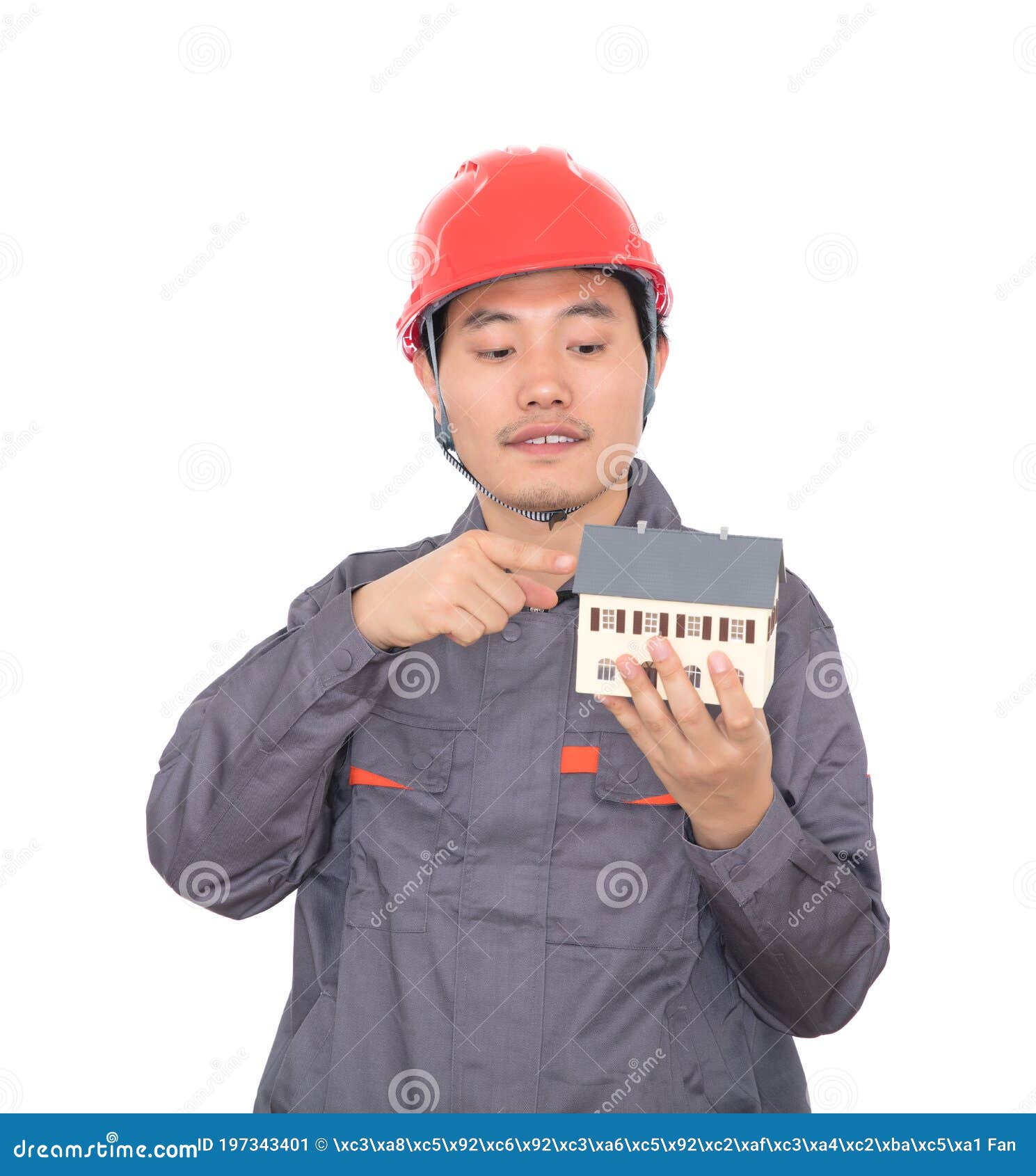 Construction Worker Pointing at Small House Model in Hand Stock Image ...