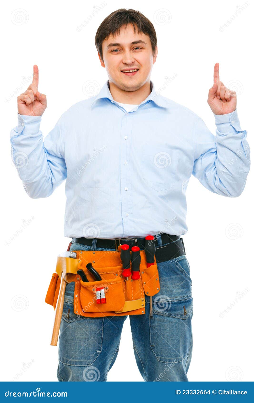 Construction Worker Pointing Up Stock Photo - Image of isolated, happy ...
