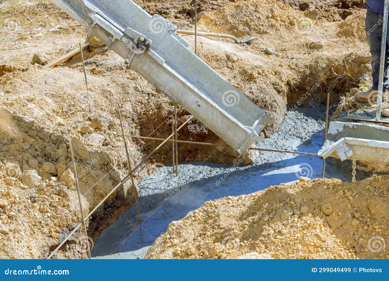 Construction Worker Pours Ready Mix Cement Concrete Onto Foundation ...