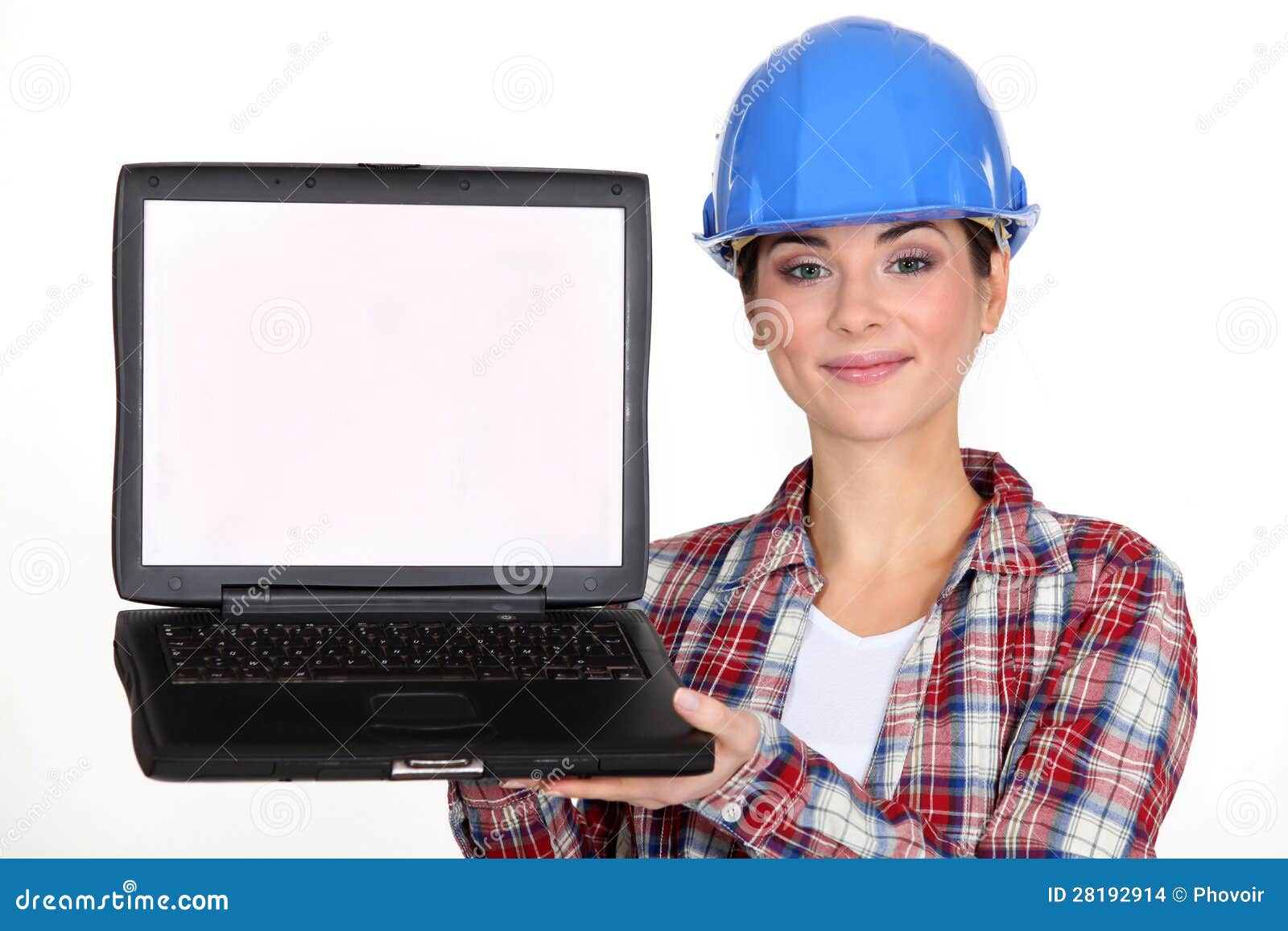 Construction Worker Presenting a Laptop. Stock Photo - Image of ...