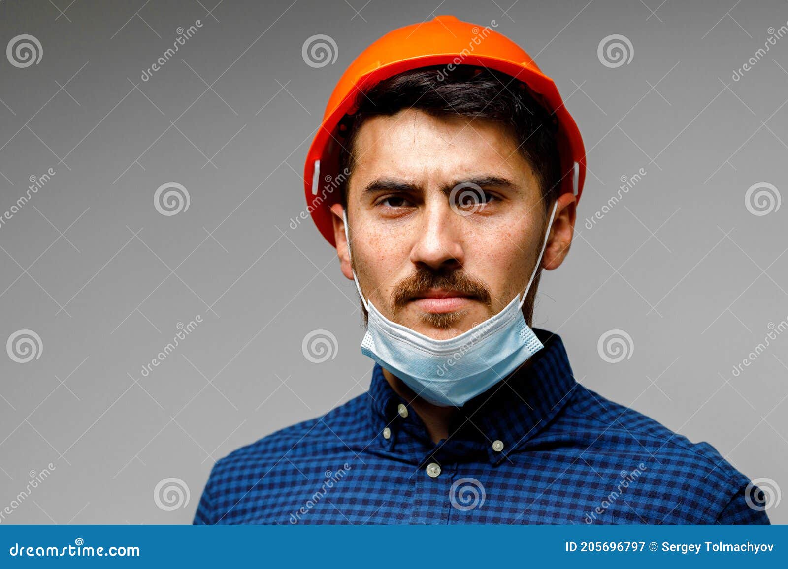 Construction Worker with Protective Mask Portrait on Grey Background ...