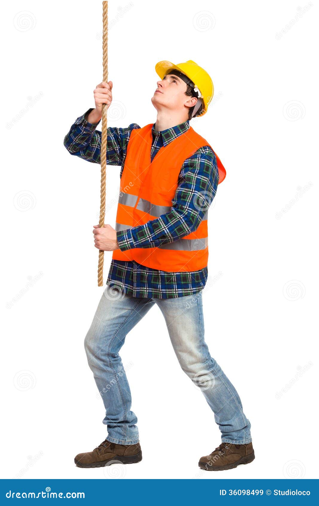 Construction Worker Pulling a Rope. Stock Image - Image of orange ...