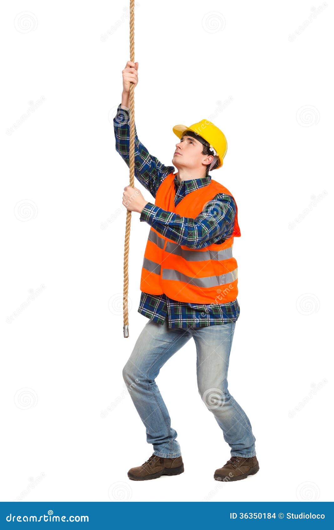 Construction Worker Pulling a Rope. Stock Photo - Image of hardhat ...