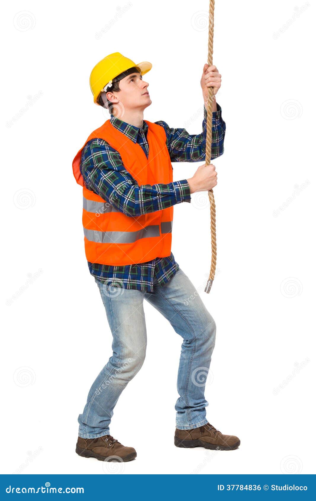 Construction Worker Pulling a Rope. Stock Photo - Image of holding ...