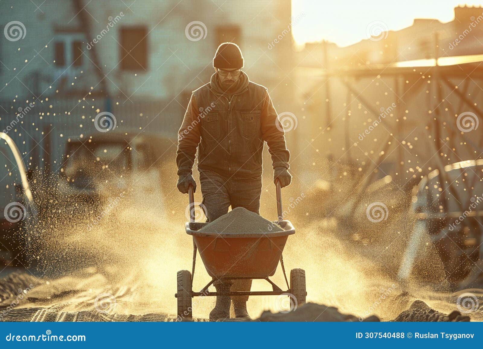 Construction Worker Pulling a Wheelbarrow, Craftsman Pushing a ...