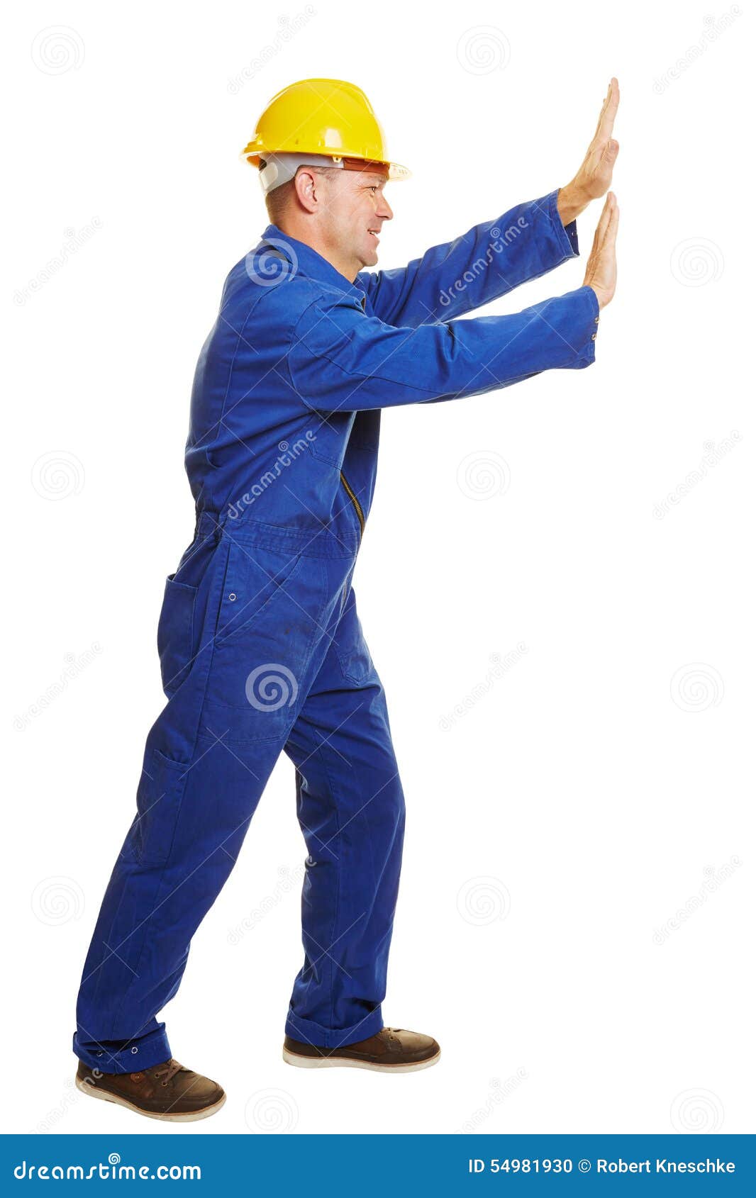 Construction Worker Pushing Imaginary Wall Stock Photo - Image of ...