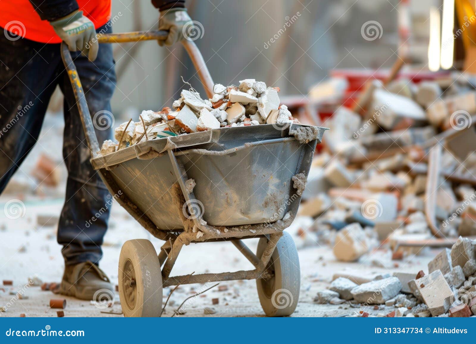 Construction Worker Pushing a Wheelbarrow with Rubble into a Bin Stock ...
