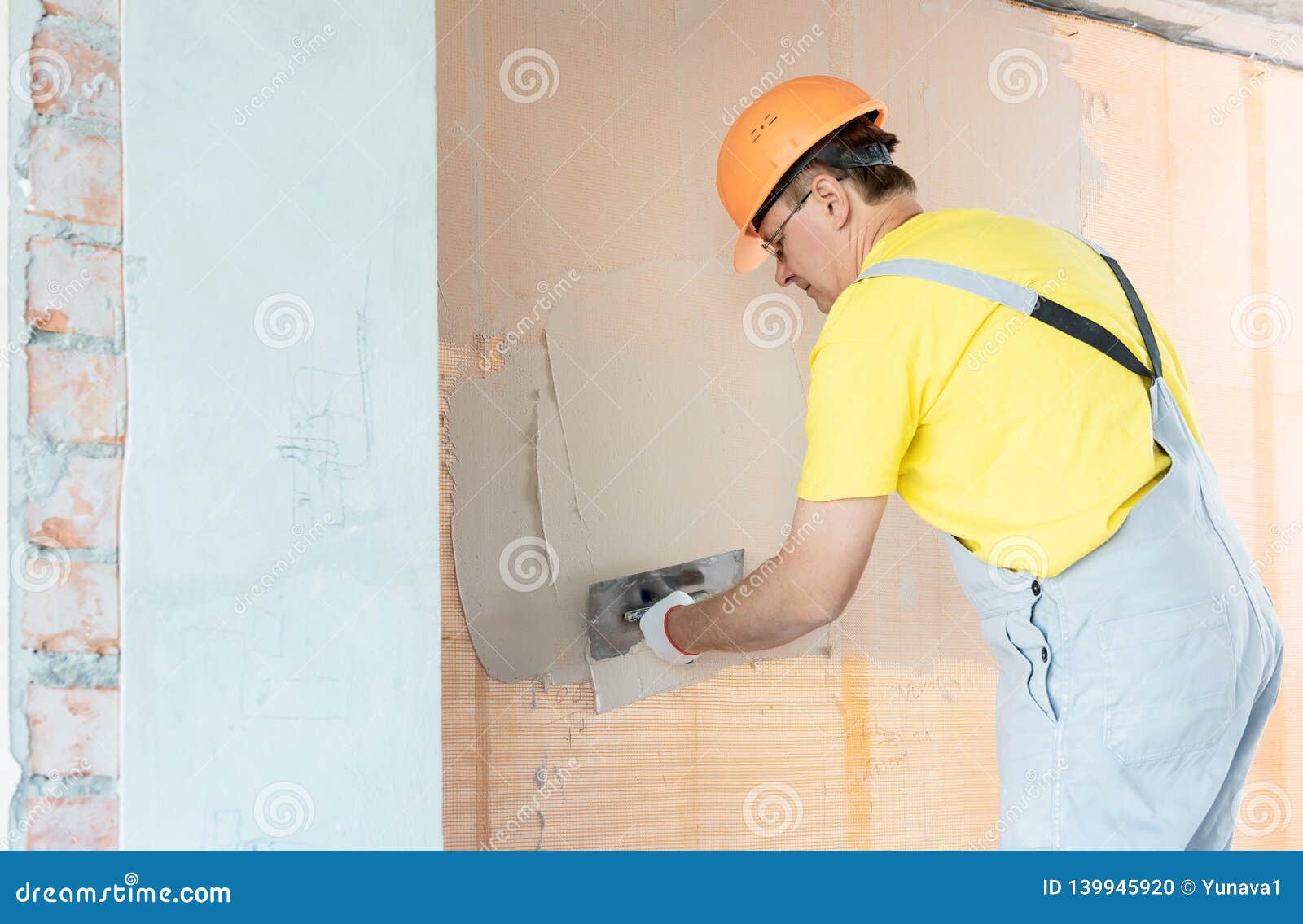 The Construction Worker Putty a Wall Stock Photo - Image of plaster ...