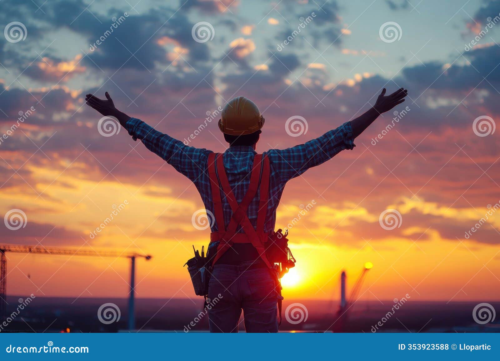 Construction Worker Raising Arms at Sunset on Rooftop with Cranes in ...
