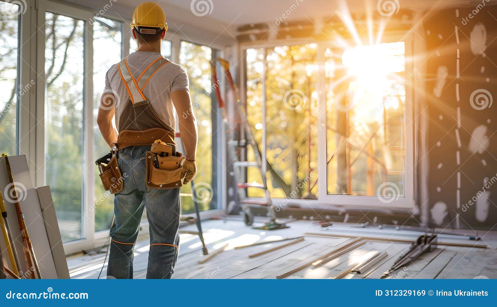 Construction Worker Ready To Work in a Sunny Home Interior. Skilled ...