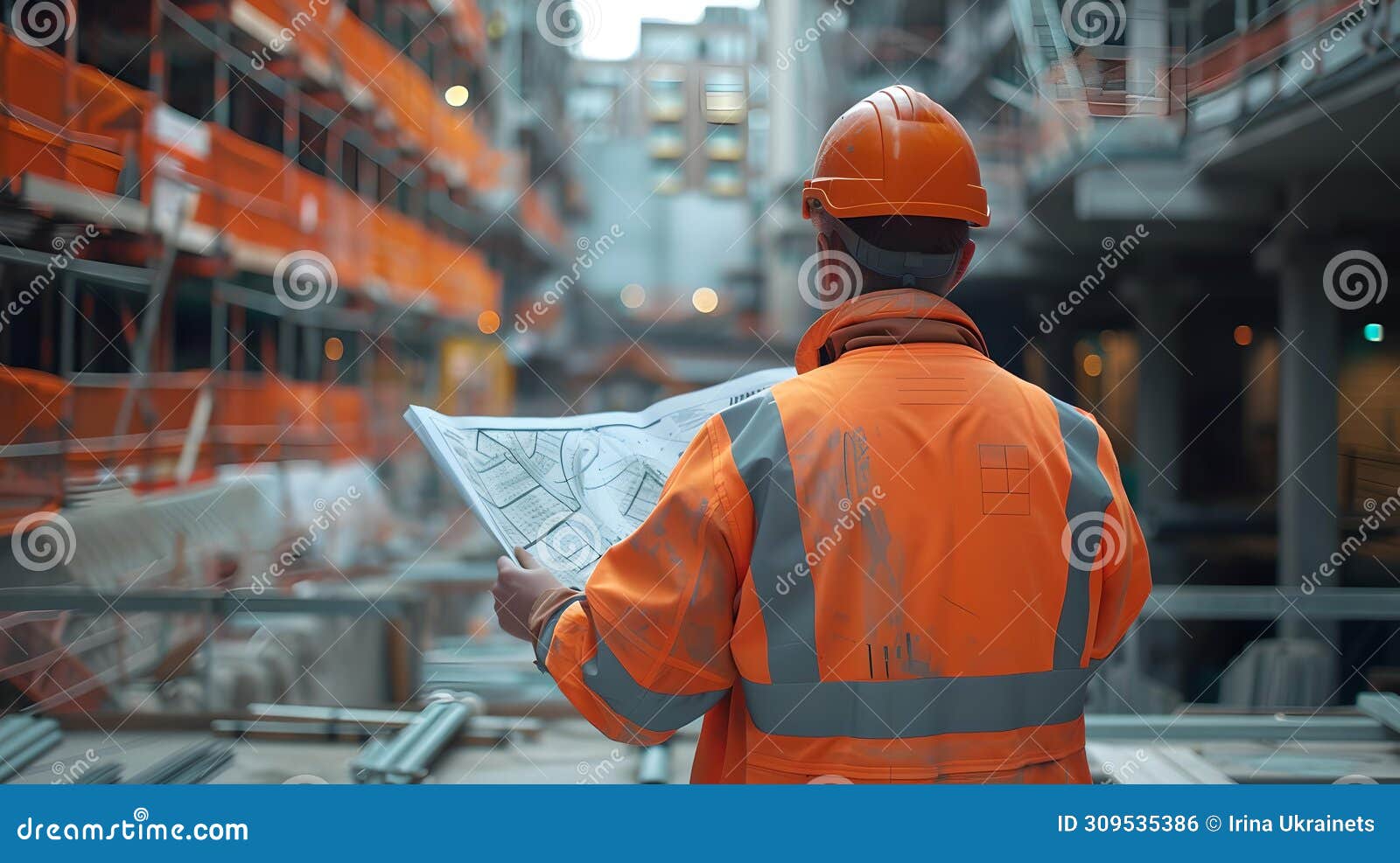 Construction Worker in Reflective Vest Analyzing Blueprint on a ...