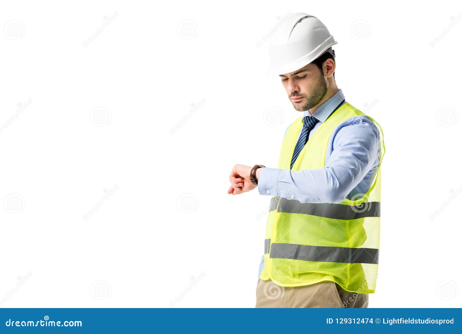 Construction Worker in Reflective Vest Checking His Watch Stock Photo ...