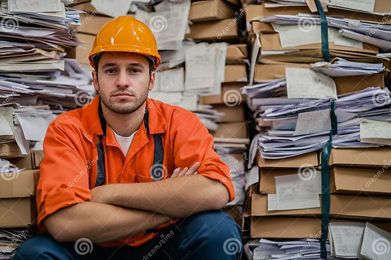 A Construction Worker Relaxes while Surrounded by Stacks of Paperwork ...