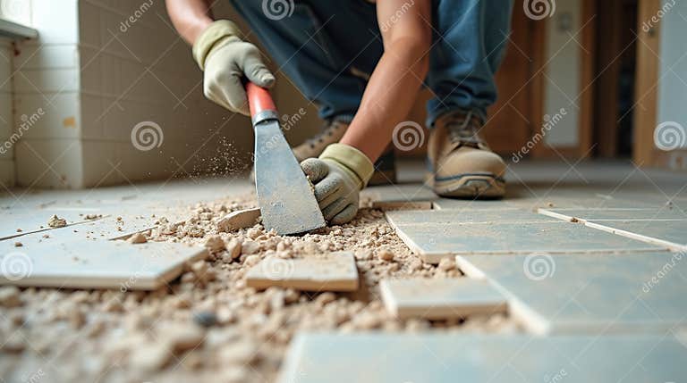 Construction Worker Removing Old Floor Tiles with Chisel and Scraper ...