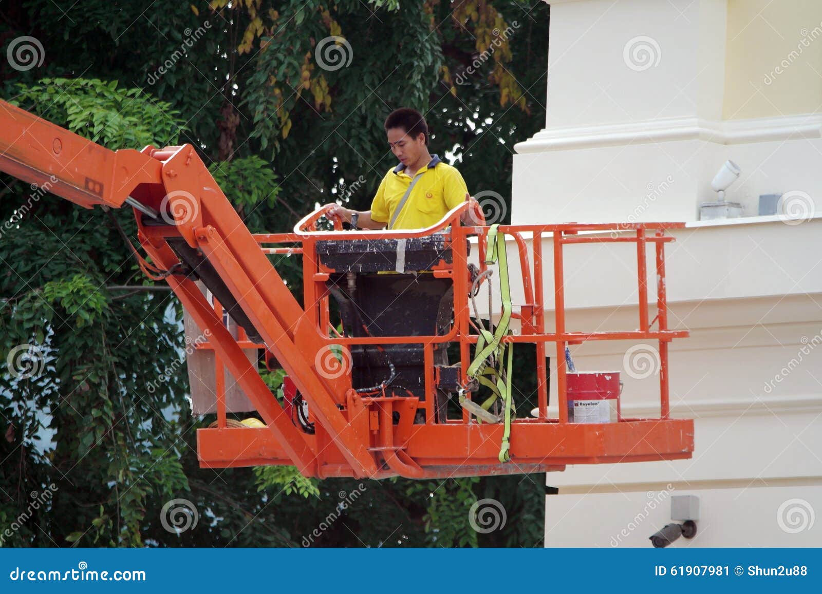 Construction Worker Renovating Building Using Skylift Editorial Photo ...