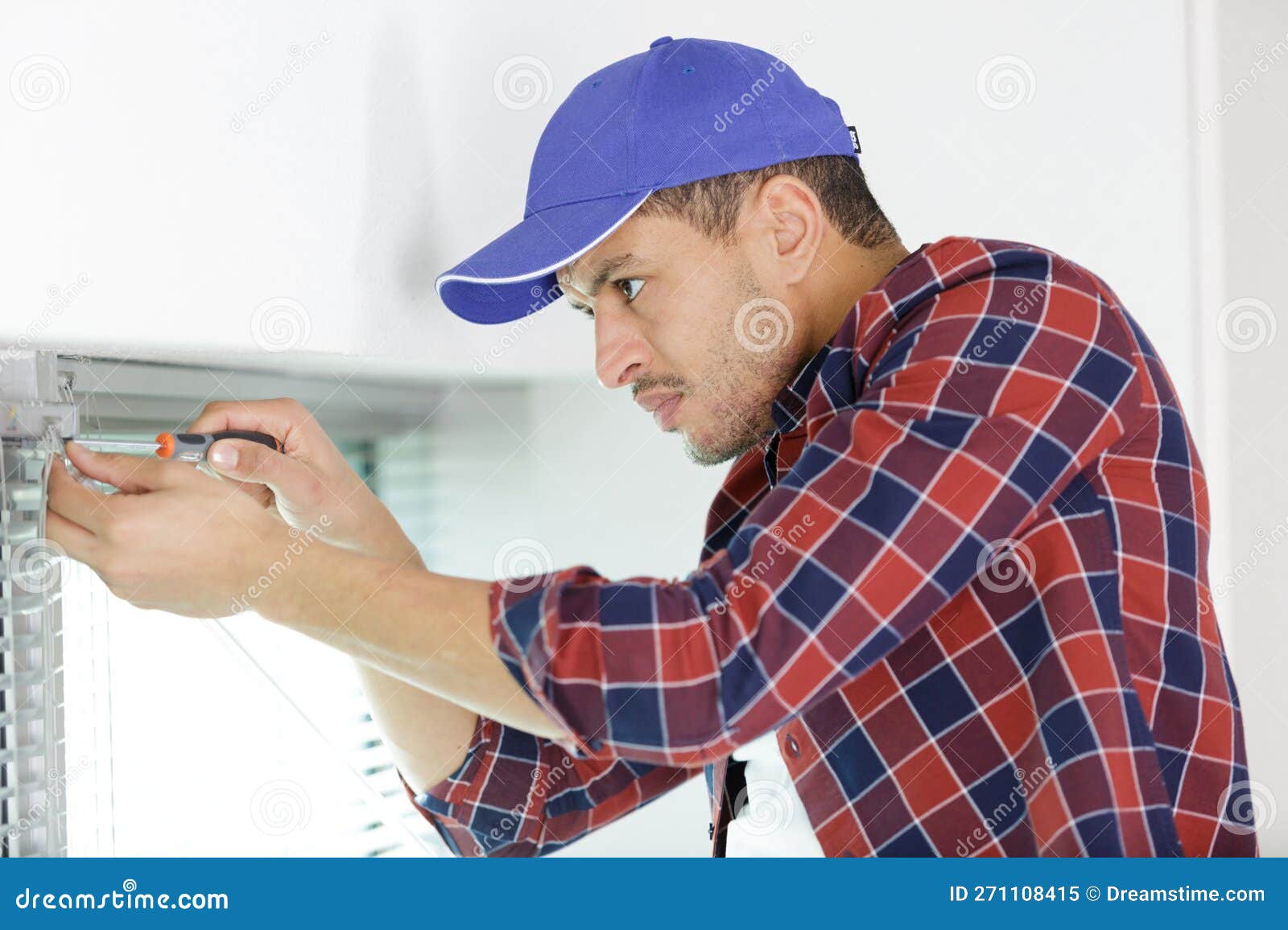 Construction Worker Repairing Window in House Stock Image - Image of ...