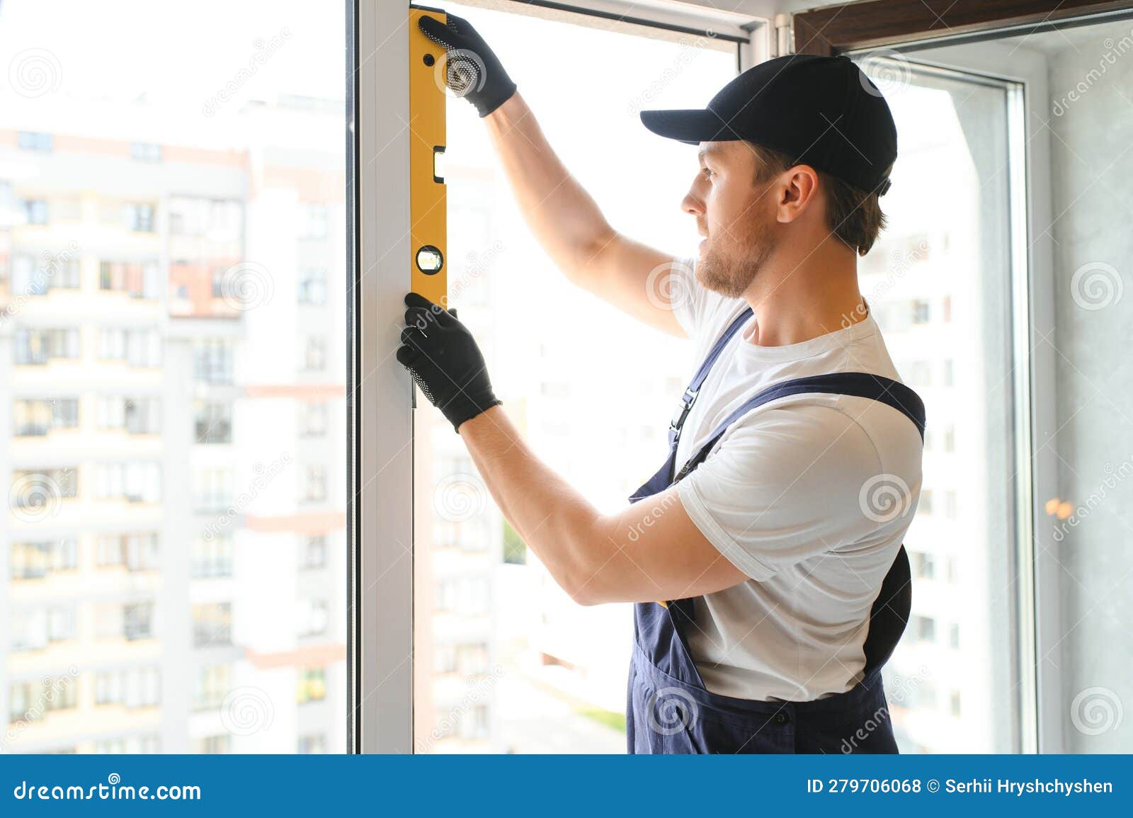Construction Worker Repairing Window in House. Stock Photo - Image of ...