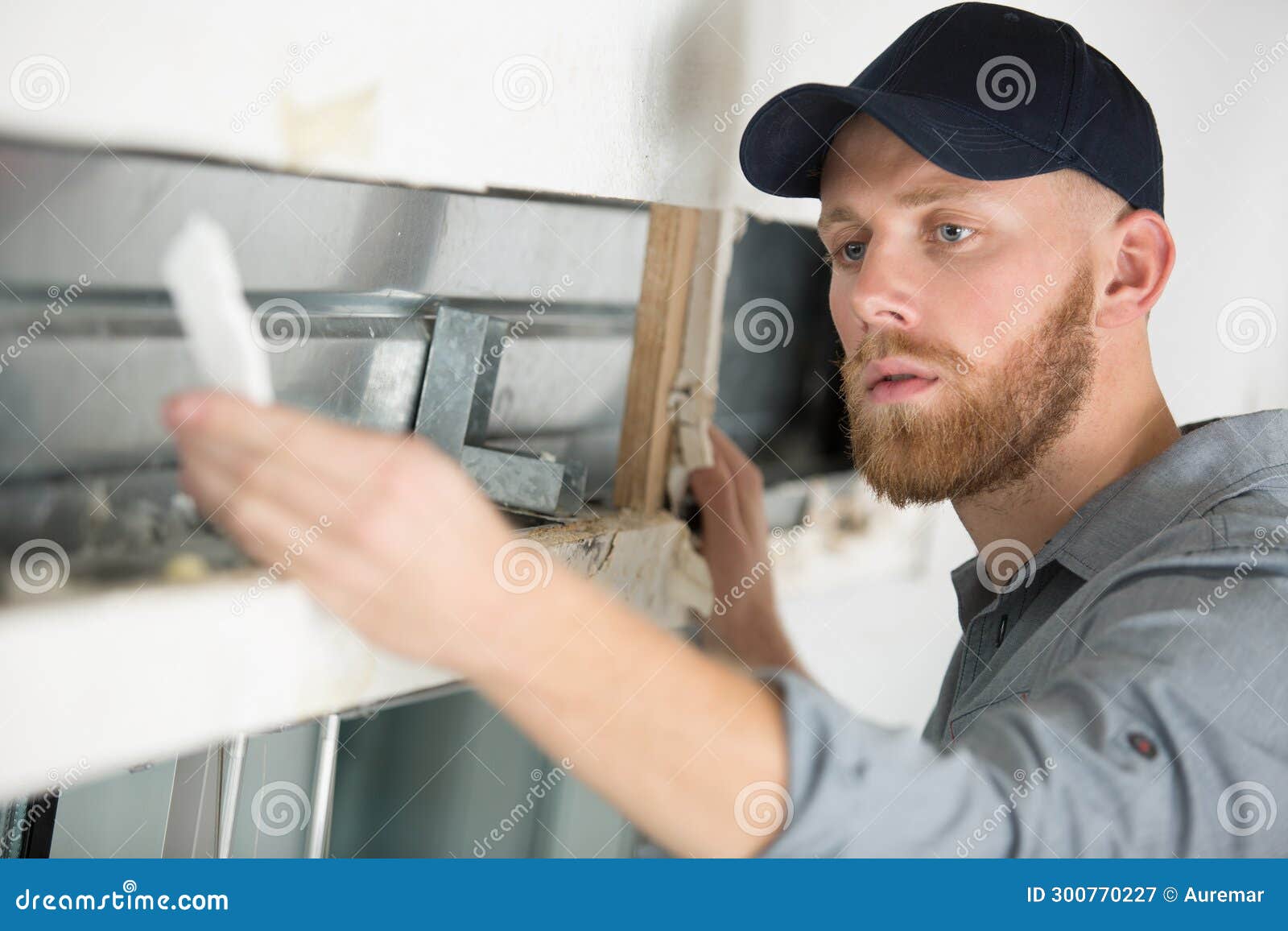 Construction Worker Repairing Window in House Stock Image - Image of ...
