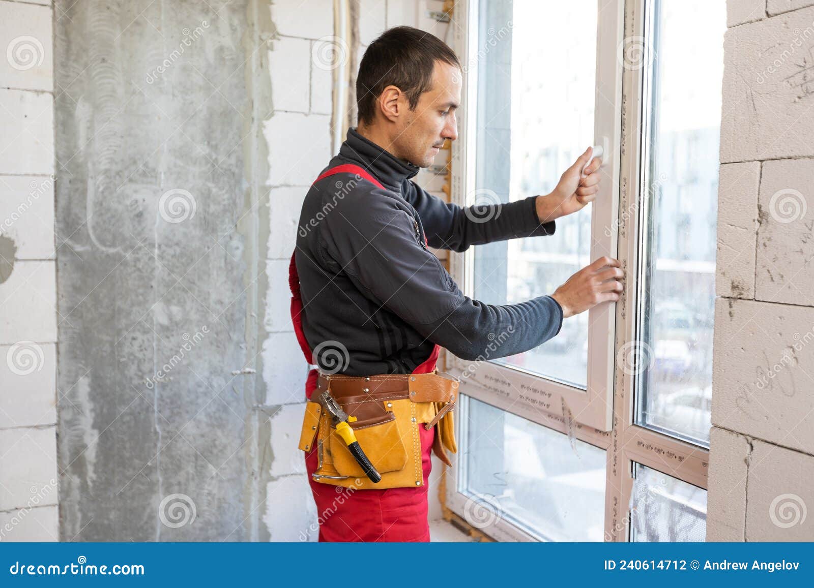 Construction Worker Repairing Windows in House. Stock Photo - Image of ...