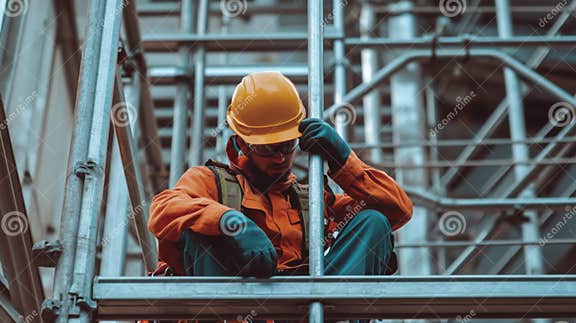 Construction Worker Resting on Scaffolding Stock Illustration ...