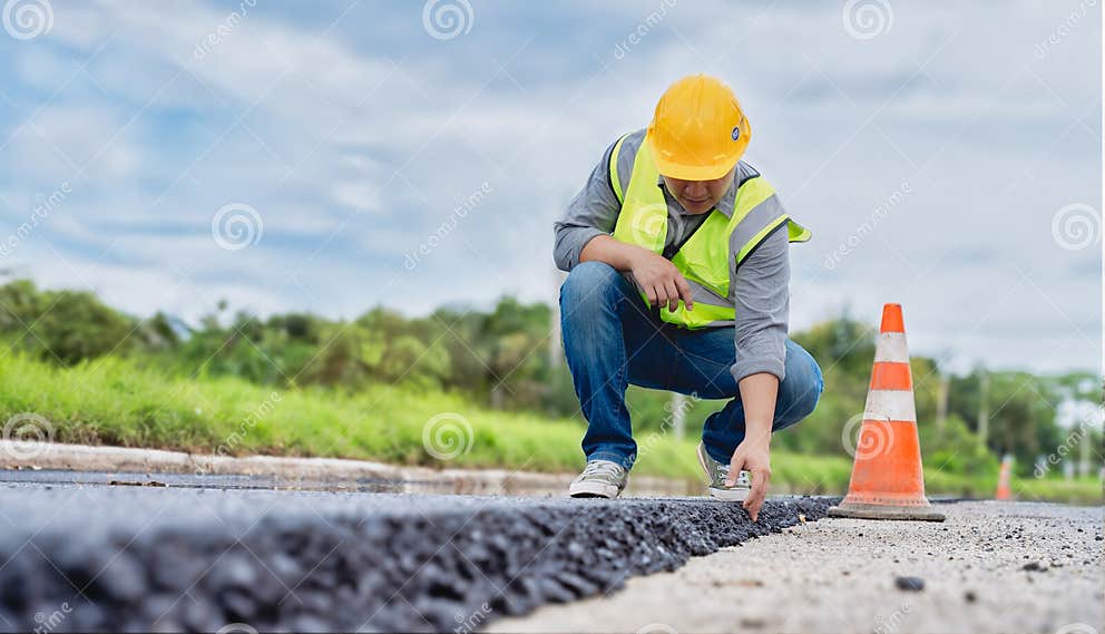 Construction Worker Reviewing New Asphalt Layer on Roadwork Site Stock ...