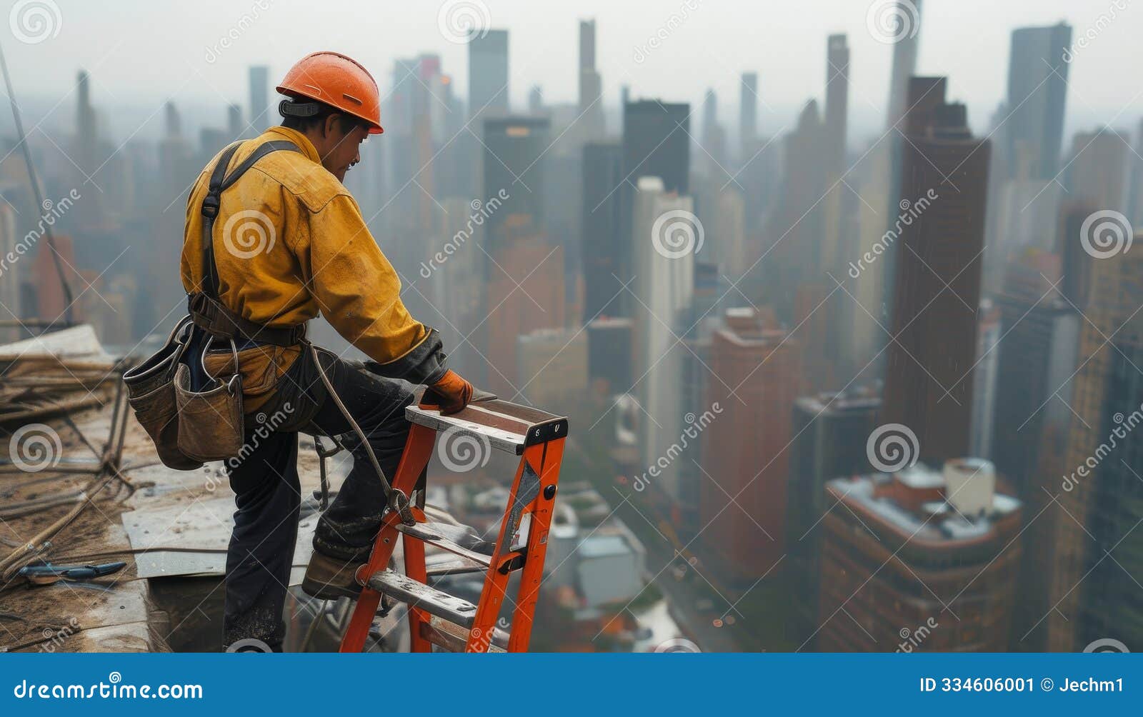 Construction Worker on Rooftop Ladder Overlooking Cityscape Stock ...