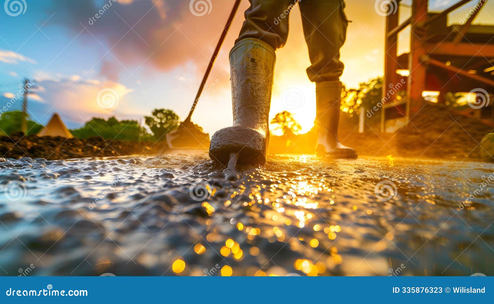 A Construction Worker S Boots are in the Foreground, with a Sunset ...