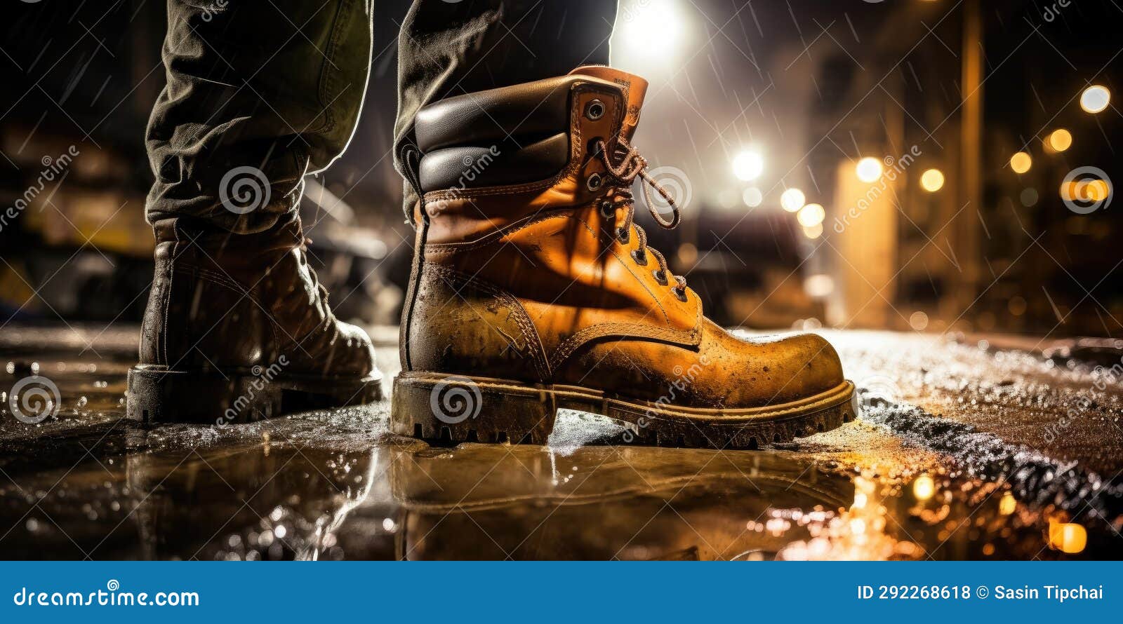 Construction Worker S Boots on Wet Ground with the Construction Site ...