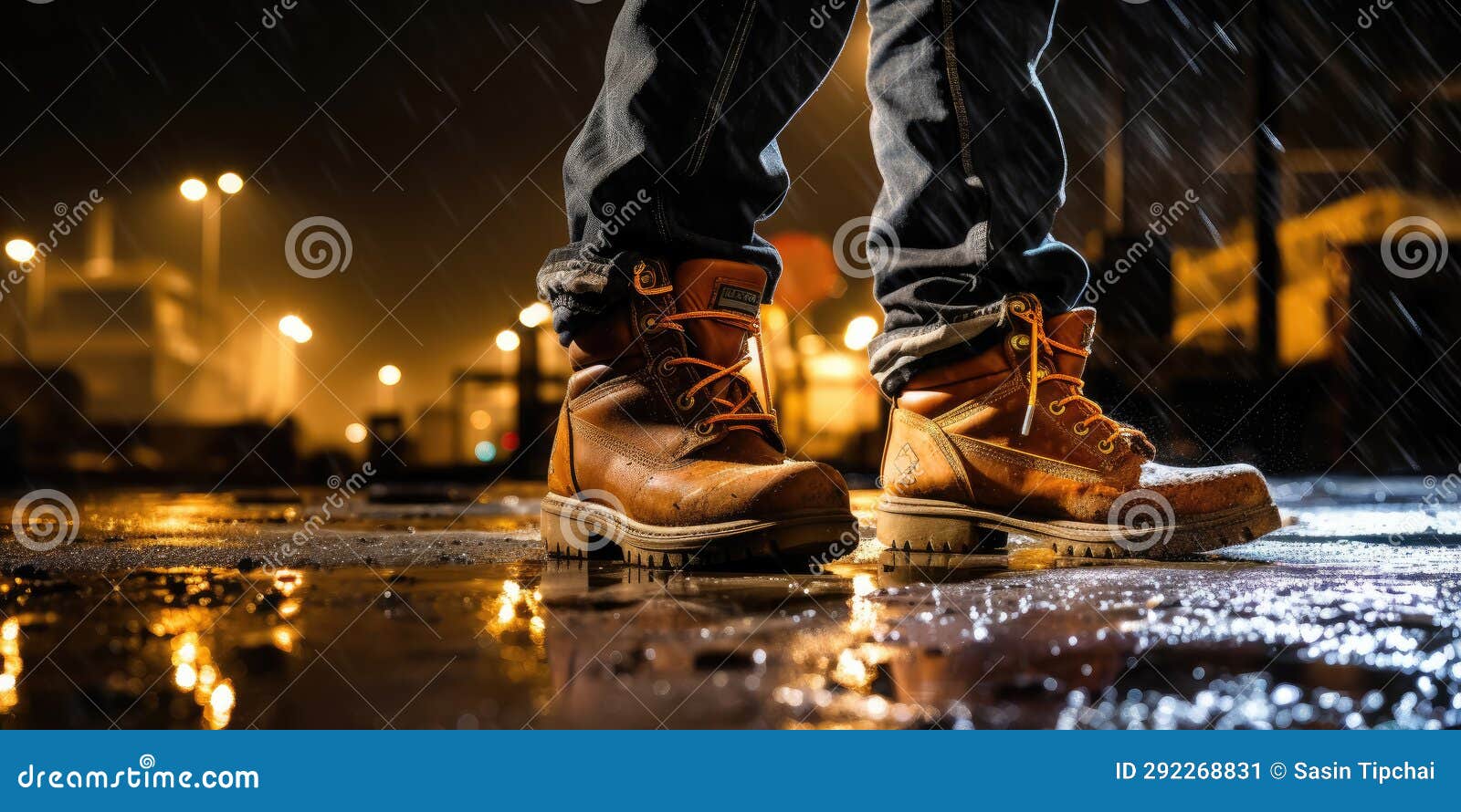 Construction Worker S Boots on Wet Ground with the Construction Site ...