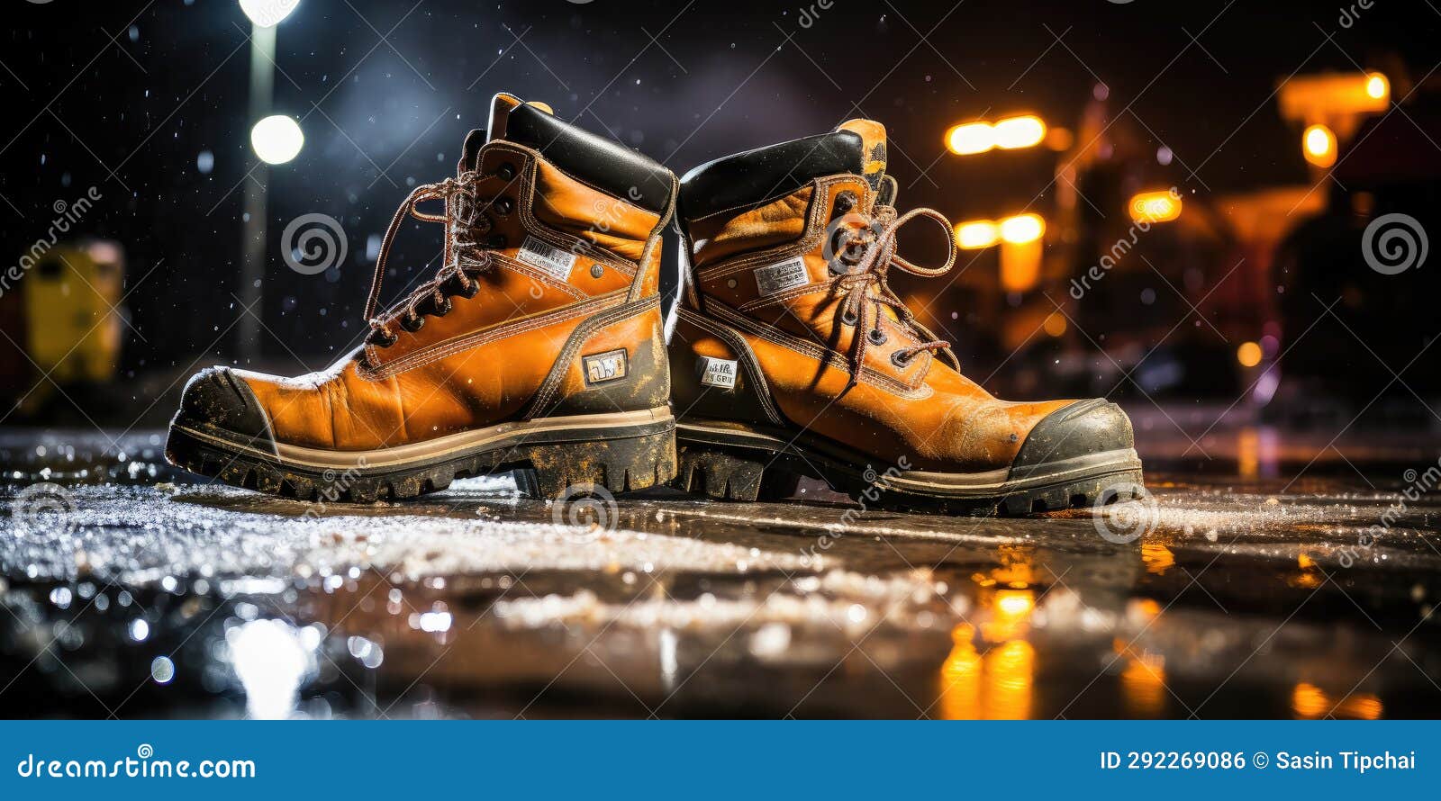 Construction Worker S Boots on Wet Ground with the Construction Site ...