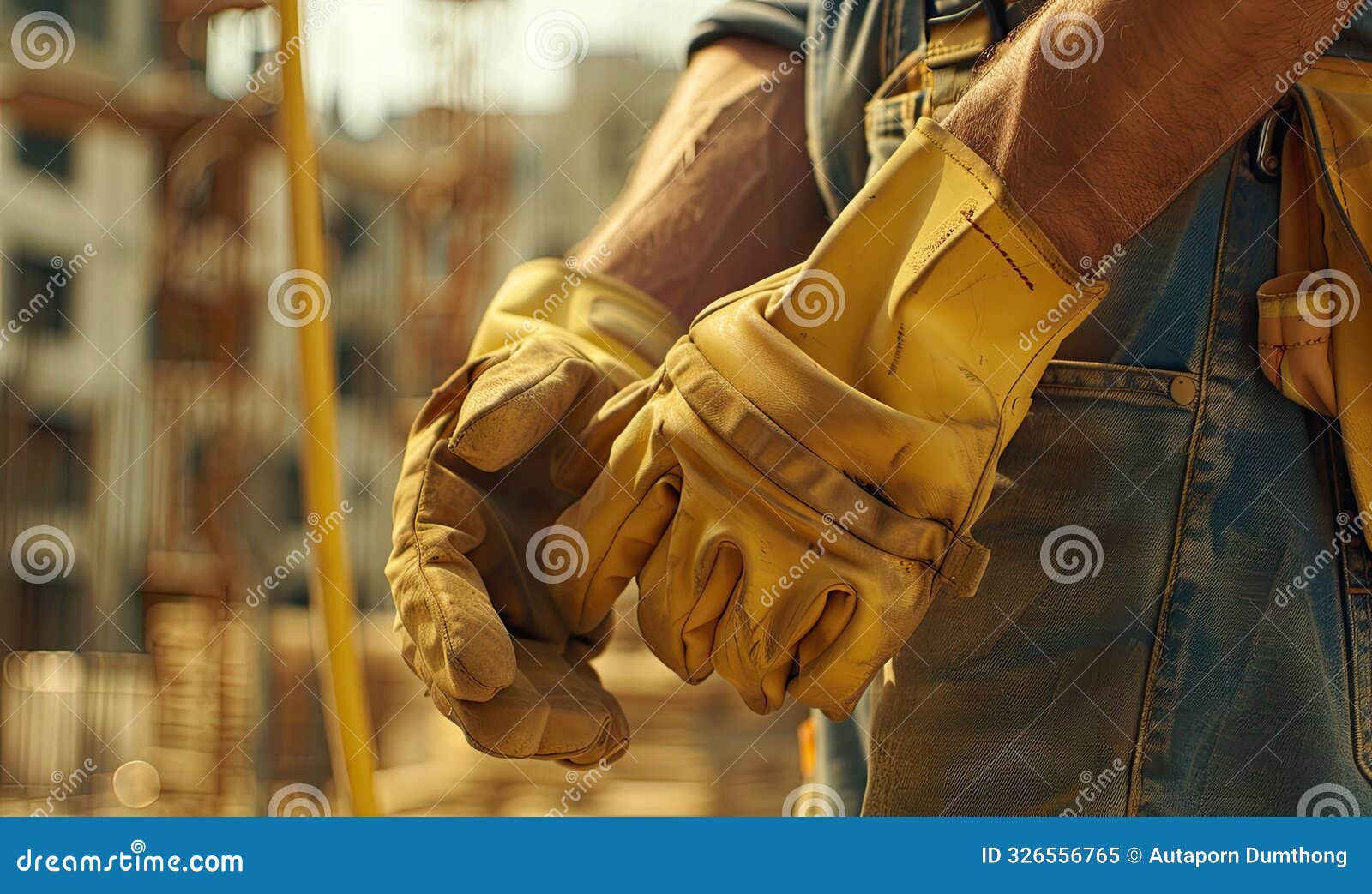 A Construction Worker S Gloved Hands, Standing at a Building Site ...