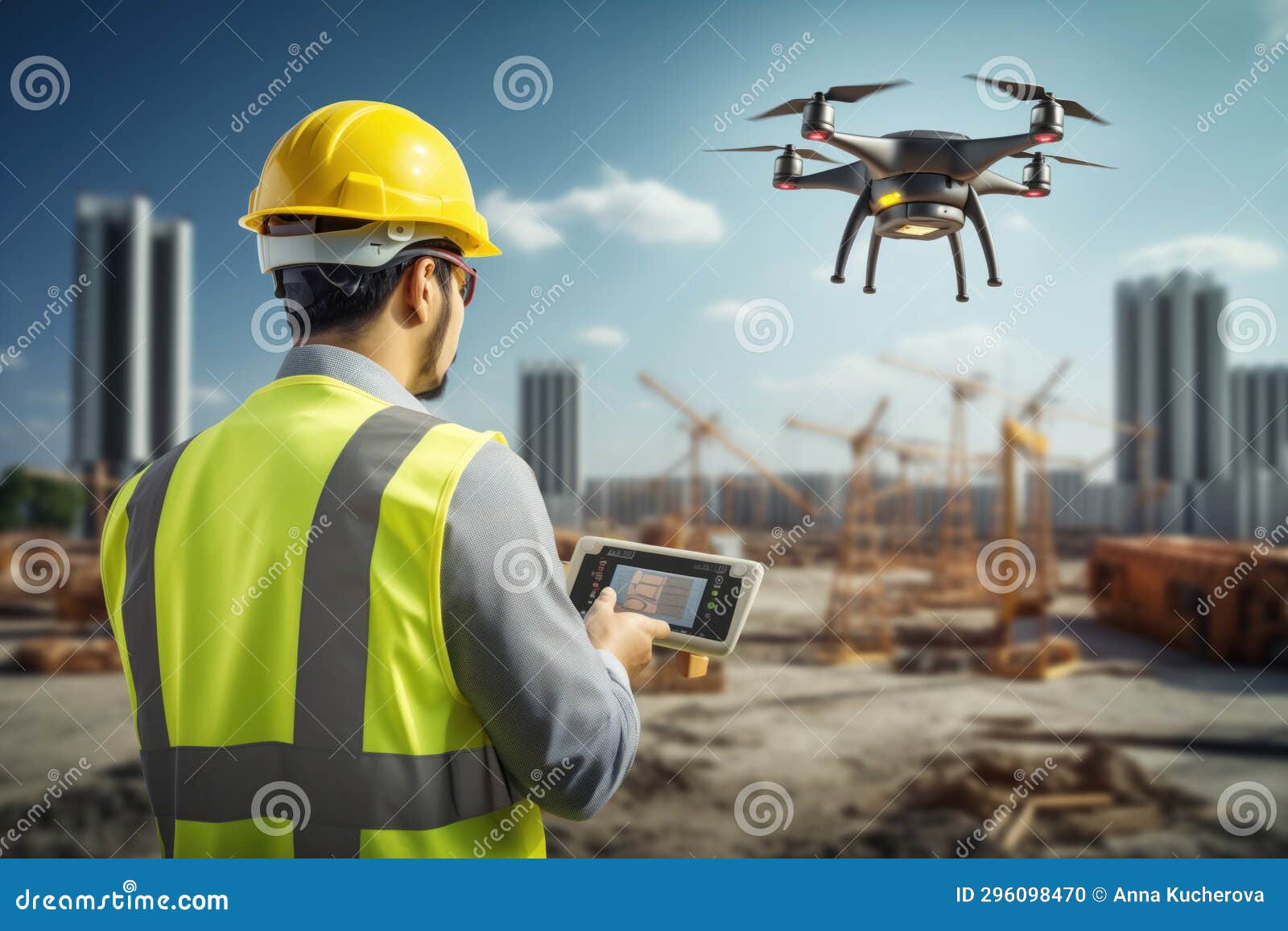 Construction Worker In Safety Attire Operates A Drone Via Tablet Amidst ...