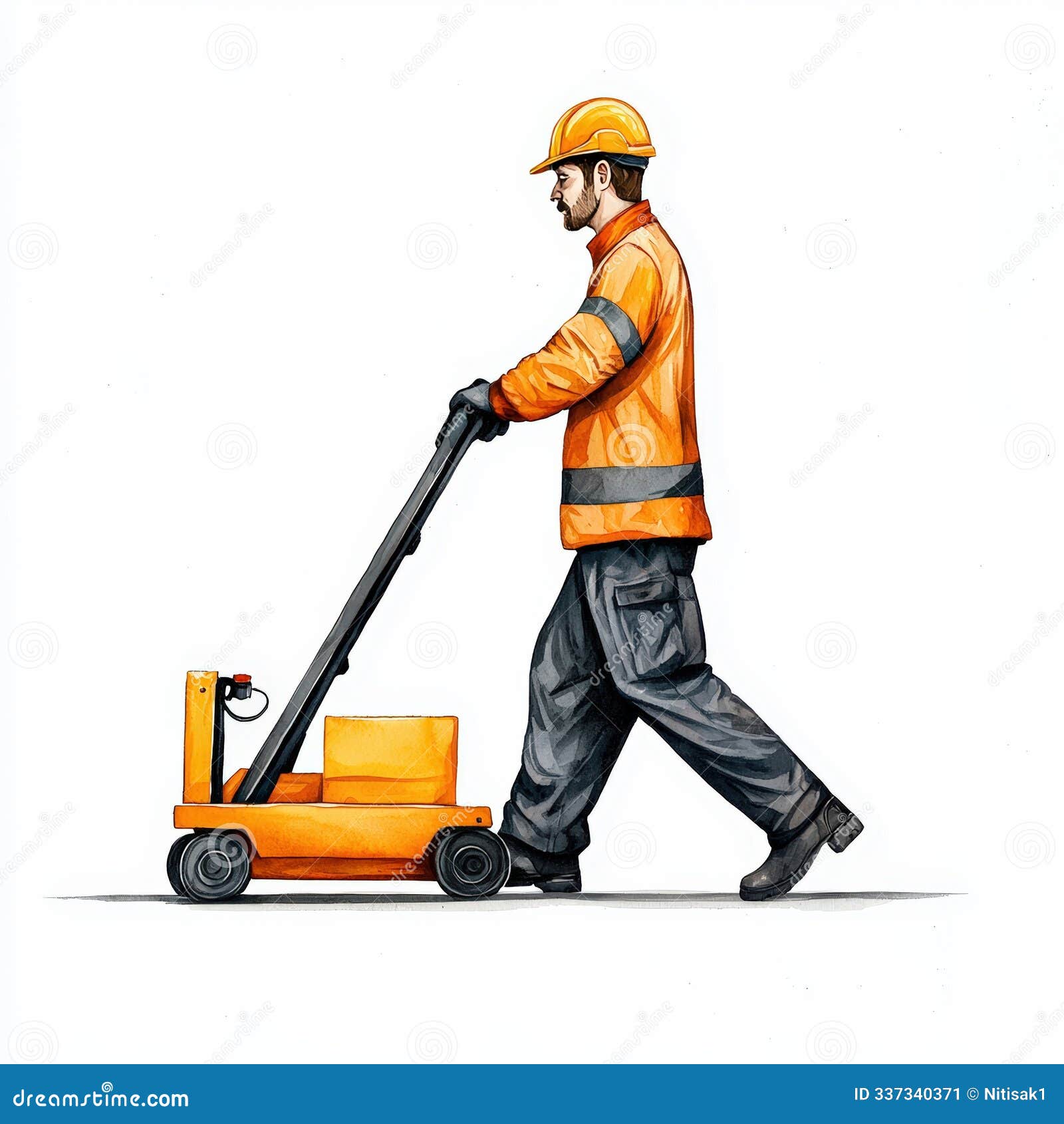 A Construction Worker in Safety Gear Moves a Pallet Jack for Efficient ...
