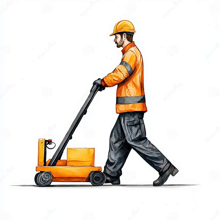 A Construction Worker in Safety Gear Moves a Pallet Jack for Efficient ...