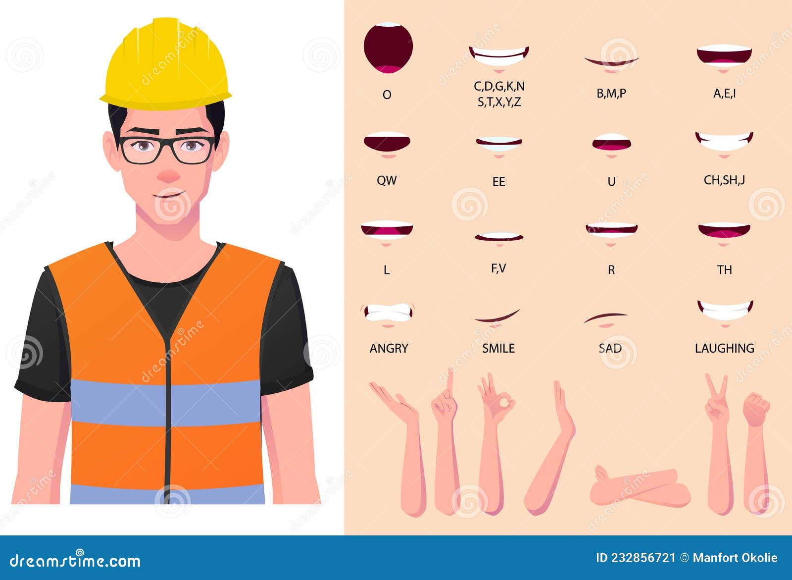 Construction Worker With Safety Helmet And Vest Lip Sync And Face ...