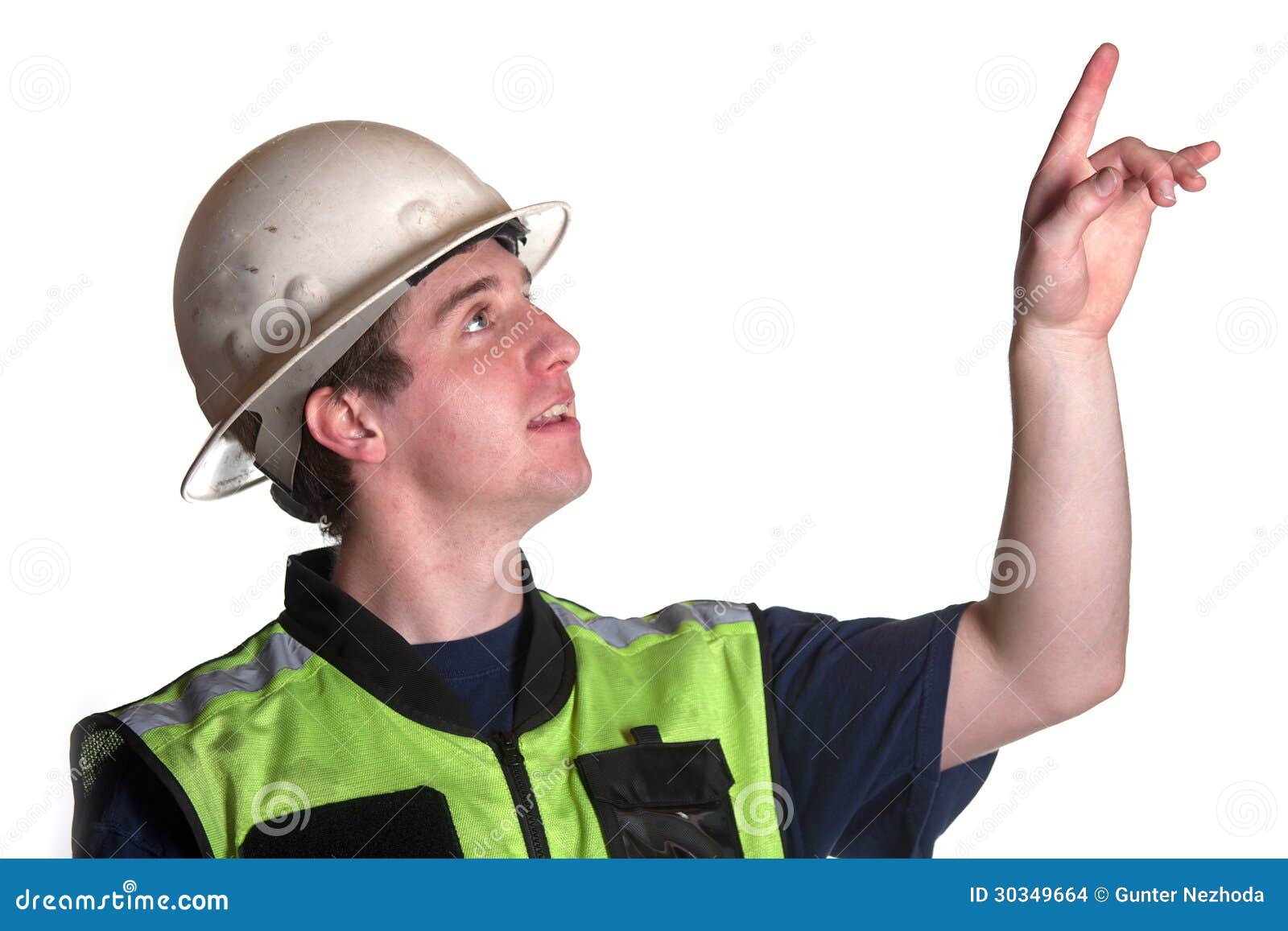 Construction Worker in Safety Jacket Stock Photo - Image of pointing ...