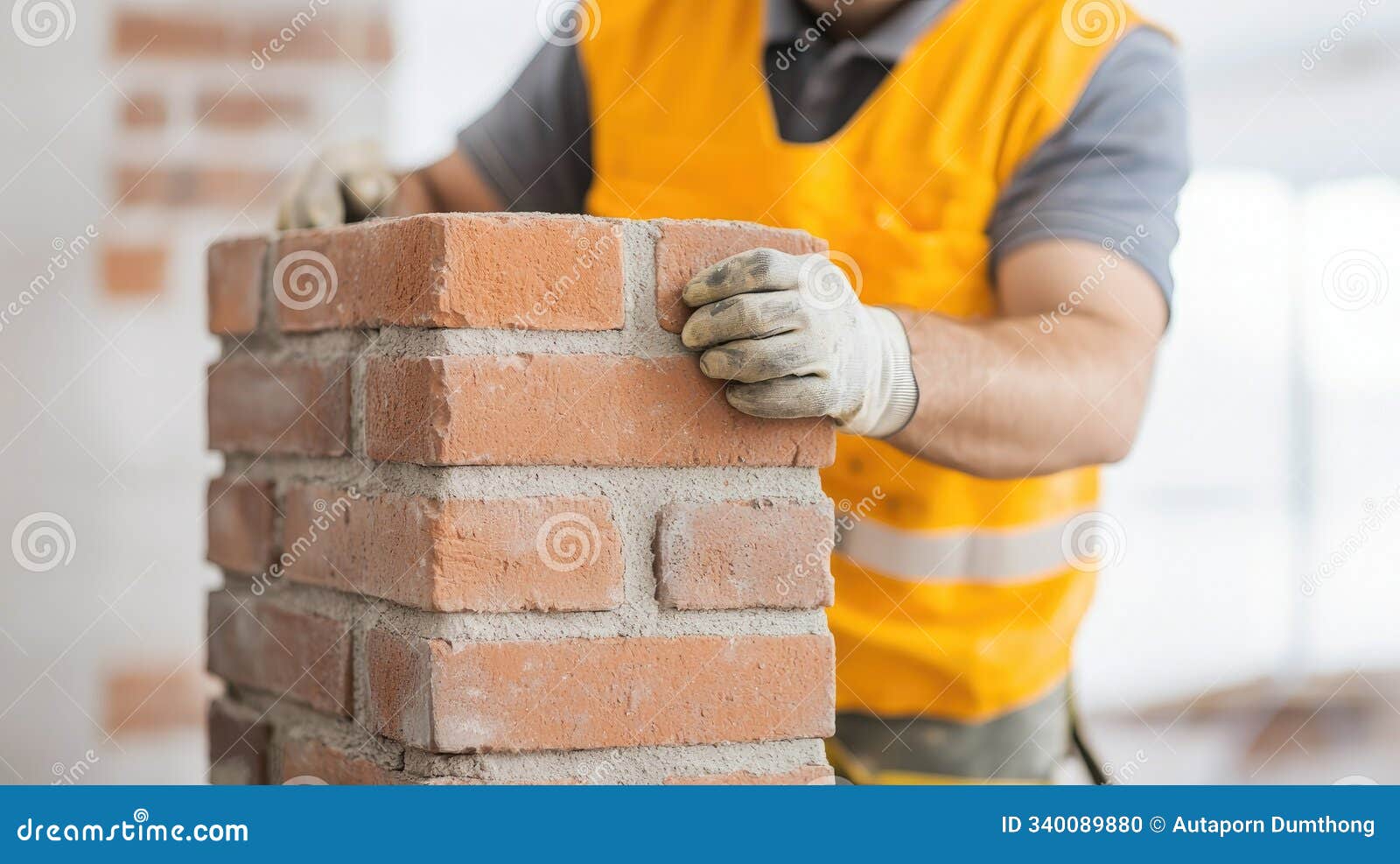 A Construction Worker in a Safety Vest Expertly Stacking Bricks To ...