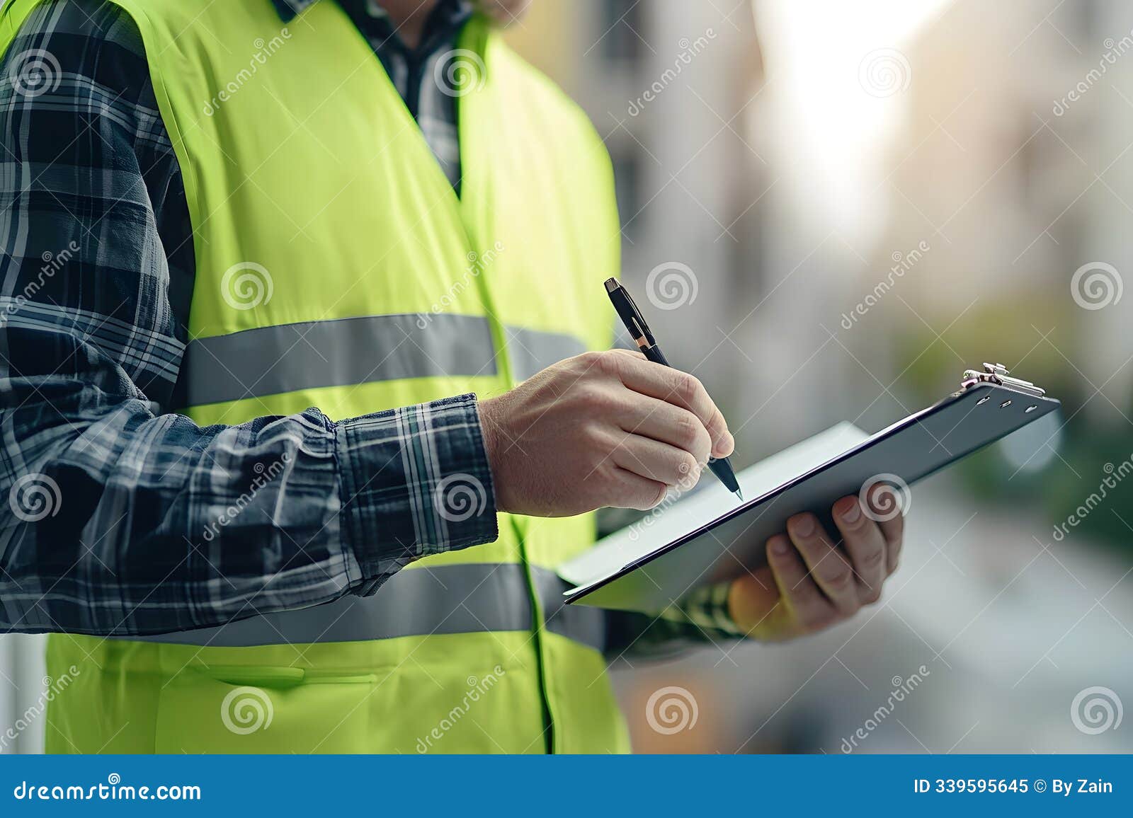 Construction Worker in Safety Vest Writing on Clipboard, Site ...
