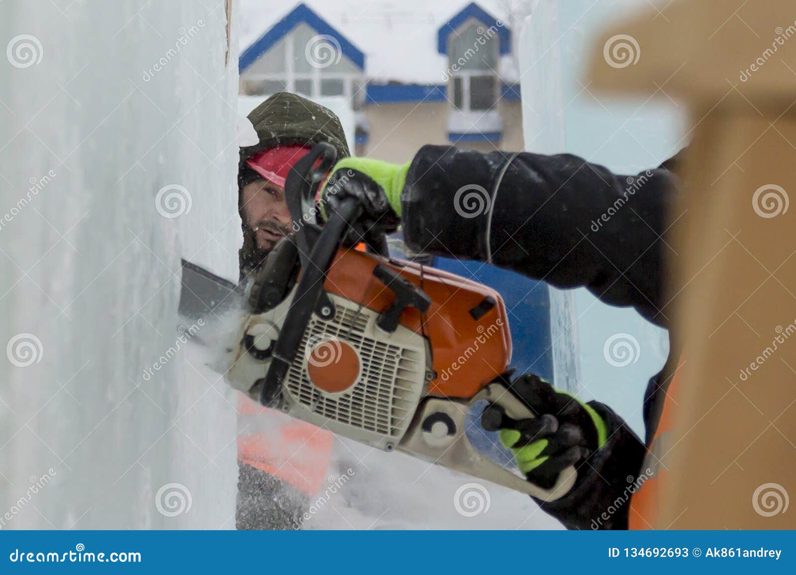Worker Cuts a Lump of Ice with a Chainsaw Stock Image - Image of nature ...